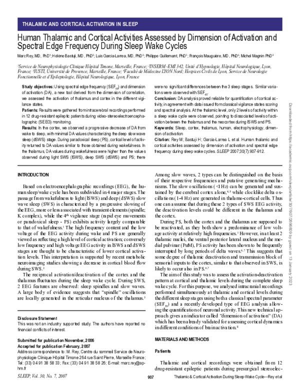 (PDF) Human Thalamic and Cortical Activities Assessed by Dimension of ...