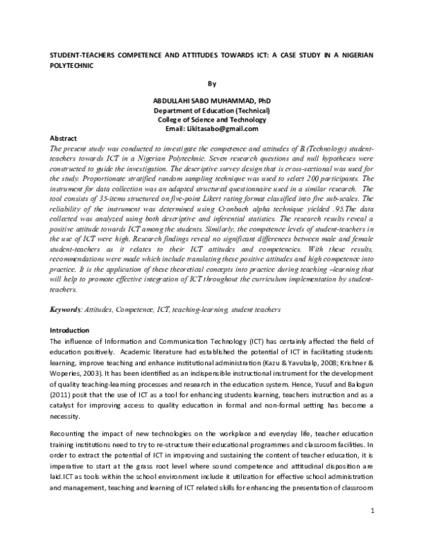 (DOC) STUDENT-TEACHERS COMPETENCE AND ATTITUDES TOWARDS ICT: A CASE ...
