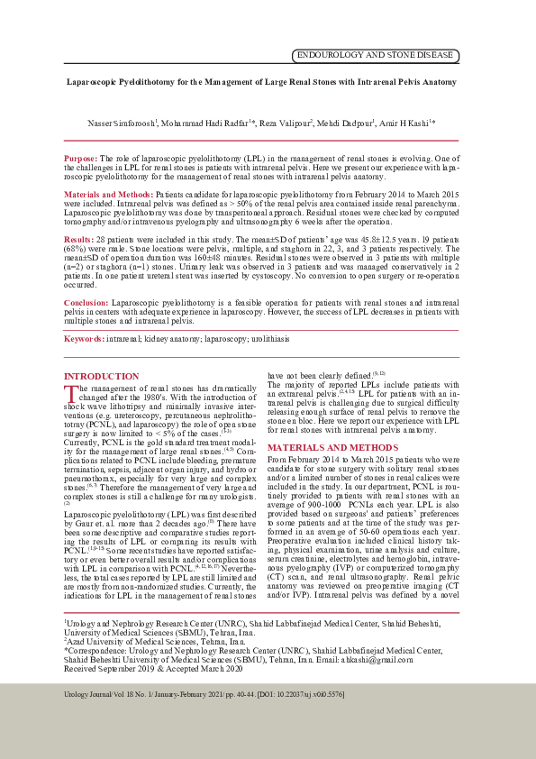 (PDF) Laparoscopic Pyelolithotomy for the Management of Large Renal ...