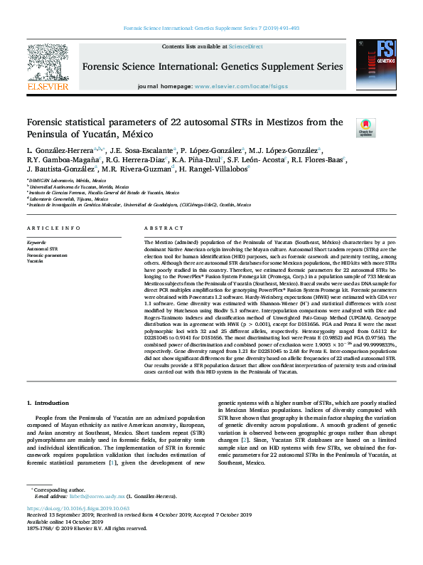 (PDF) Forensic statistical parameters of 22 autosomal STRs in Mestizos ...
