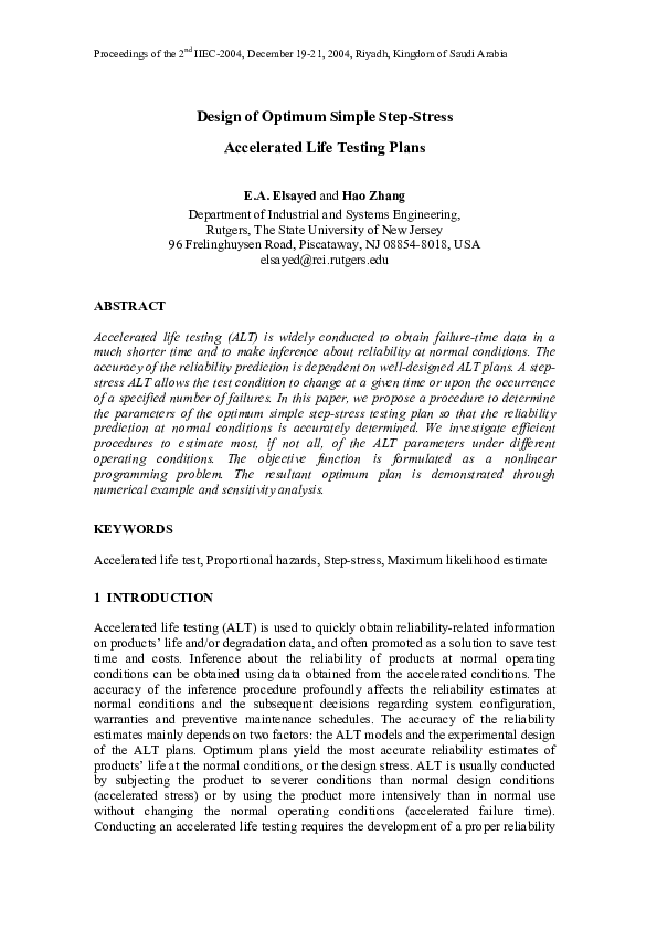 Pdf Design Of Optimum Simple Step Stress Accelerated Life Testing Plans Elsayed Elsayed