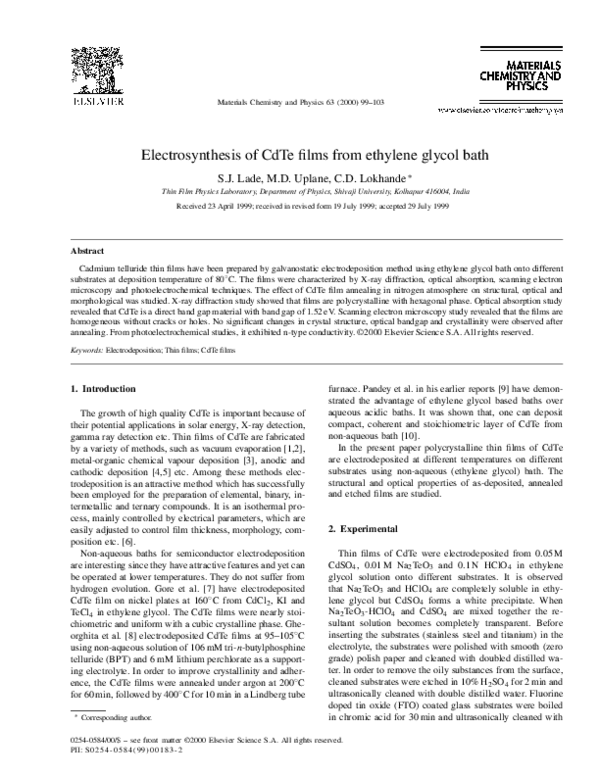 (PDF) Electrosynthesis of CdTe films from ethylene glycol bath