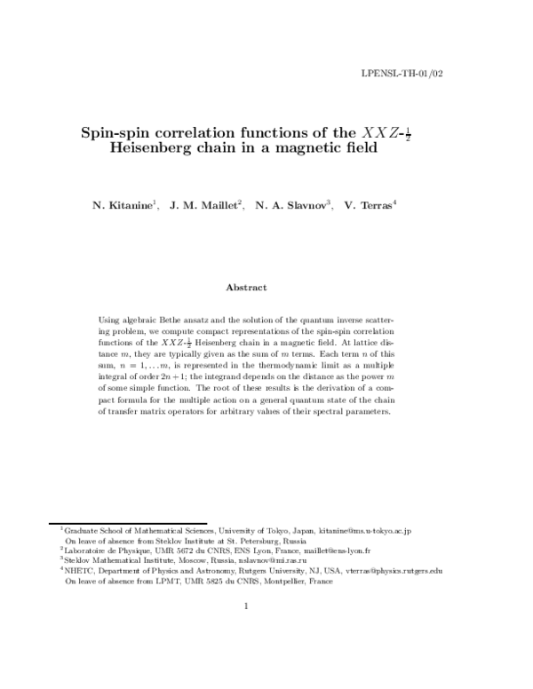 (PDF) Spin–spin correlation functions of the XXZ- Heisenberg chain in a magnetic field