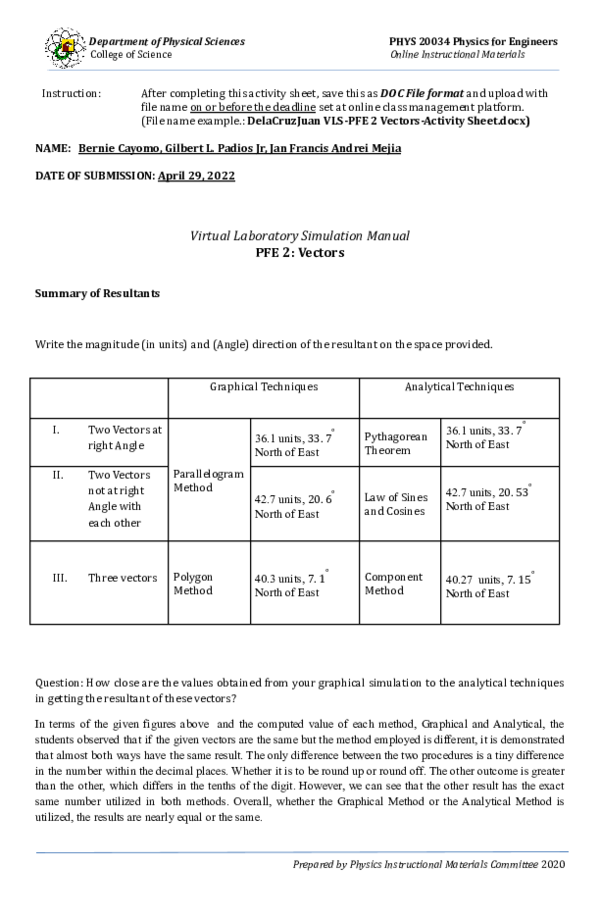(PDF) Virtual Laboratory Simulation Manual PFE 2: Vectors