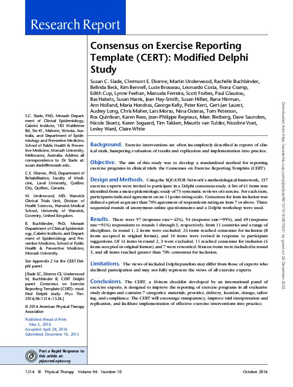 (PDF) Consensus on Exercise Reporting Template (CERT): A Modified Delphi Study