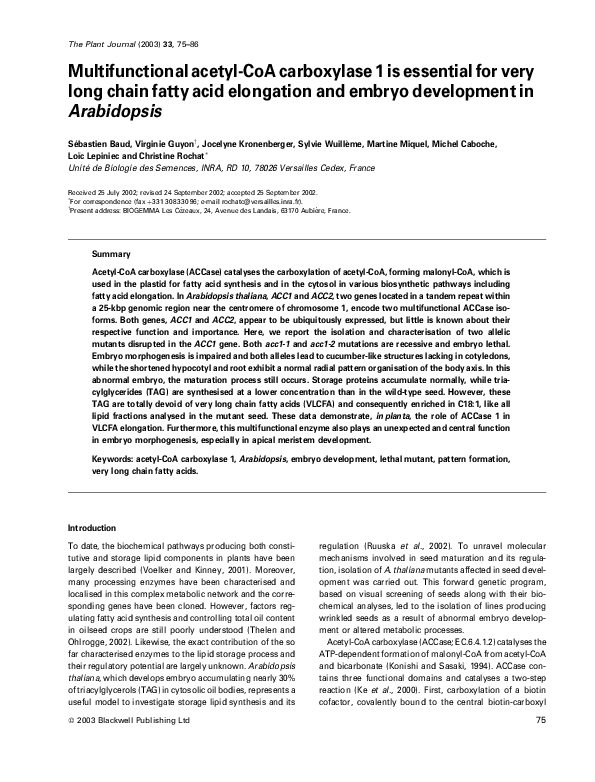 (PDF) Multifunctional acetyl-CoA carboxylase 1 is essential for very ...