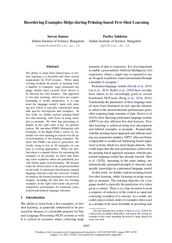(PDF) Reordering Examples Helps during Priming-based Few-Shot Learning