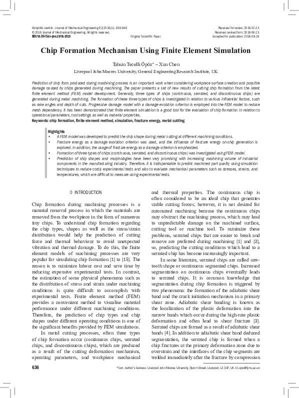 (PDF) Chip Formation Mechanism Using Finite Element Simulation | Tahsin Tecelli öpöz - Academia.edu