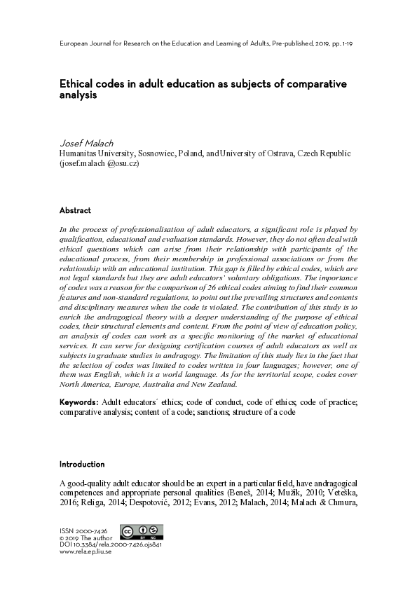 (PDF) Ethical codes in adult education as subjects of comparative analysis