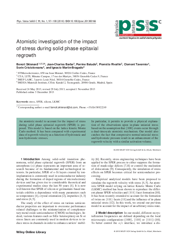 (PDF) Atomistic investigation of the impact of stress during solid phase epitaxial regrowth