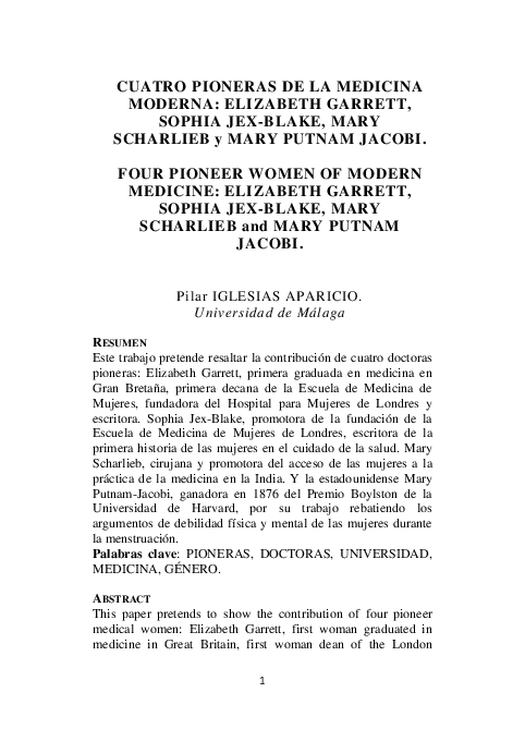 (PDF) CUATRO PIONERAS DE LA MEDICINA MODERNA: ELIZABETH GARRETT, SOPHIA ...