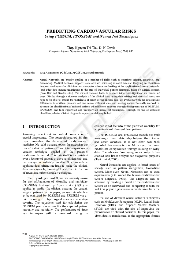 (PDF) PREDICTING CARDIOVASCULAR RISKS - Using POSSUM, PPOSSUM and Neural Net Techniques