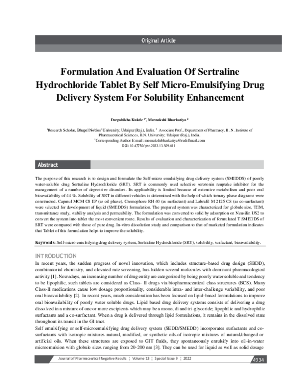 (PDF) SMEDDS for Enhanced Solubility of Sertraline