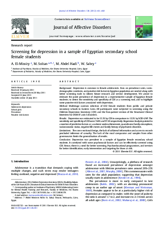 (PDF) Screening for depression in a sample of Egyptian secondary school ...