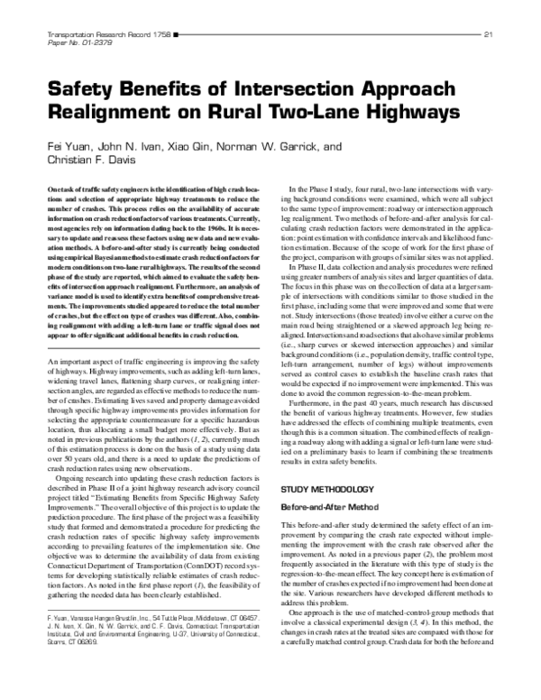 (PDF) Safety Benefits of Intersection Approach Realignment on Rural Two ...