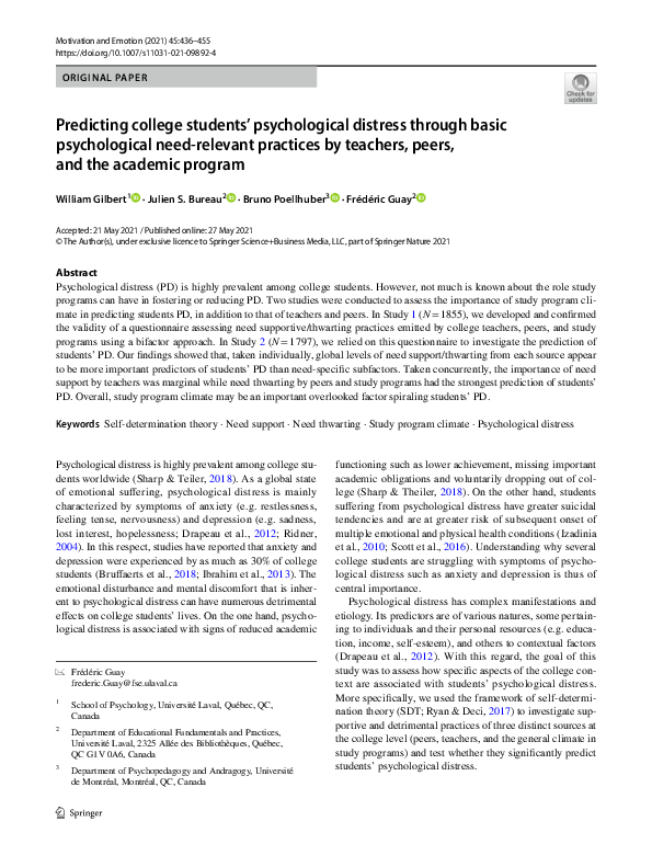(PDF) Predicting college students' psychological distress through basic psychological need ...