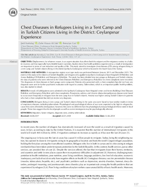 (PDF) Chest Diseases in Refugees Living in a Tent Camp and in Turkish ...