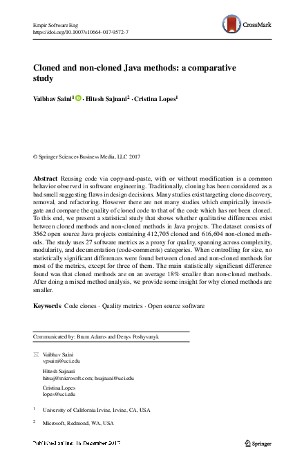 (PDF) Cloned and non-cloned Java methods: a comparative study