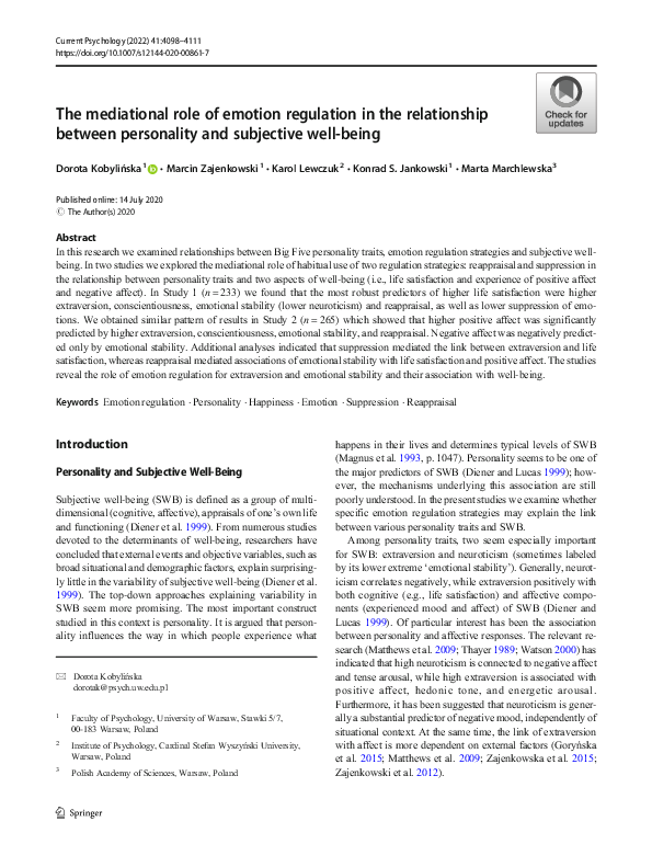 (PDF) The mediational role of emotion regulation in the relationship between personality and ...