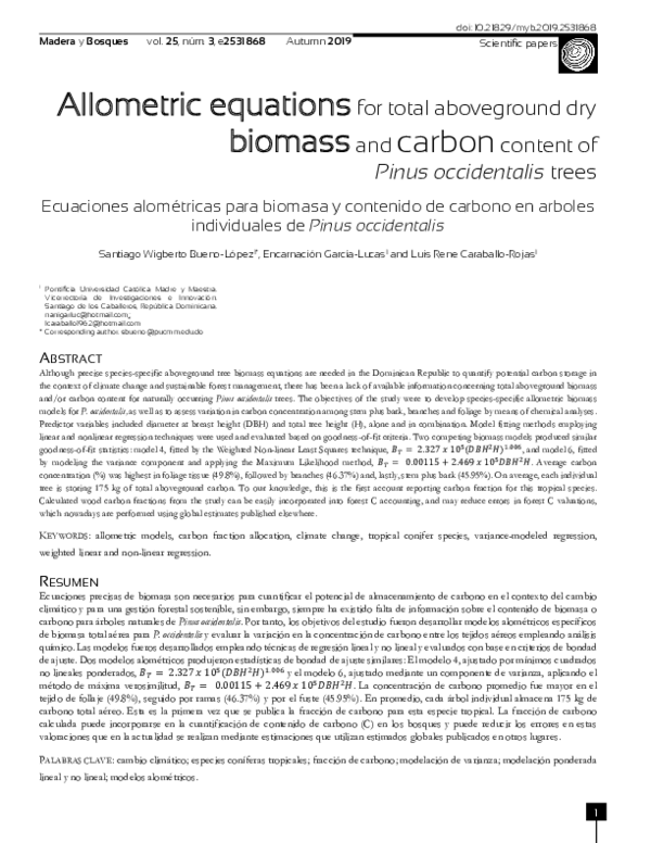 (PDF) Allometric Models for Biomass and Carbon in Pinus occidentalis