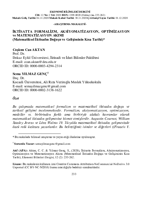 (PDF) İKTİSATTA FORMALİZM, AKSİYOMATİZASYON, OPTİMİZASYON ve ...
