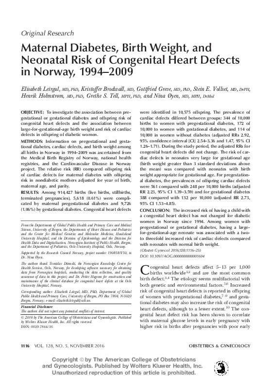 (PDF) Maternal Diabetes, Birth Weight, and Neonatal Risk of Congenital ...