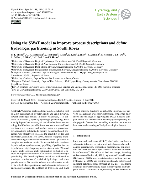(PDF) Using the SWAT model to improve process descriptions and define hydrologic partitioning in ...