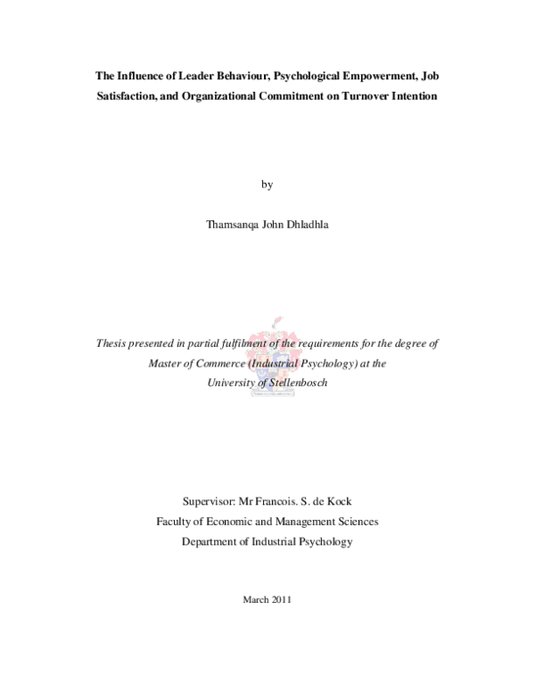 (PDF) The influence of leader behaviour, psychological empowerment, job satisfaction, and ...