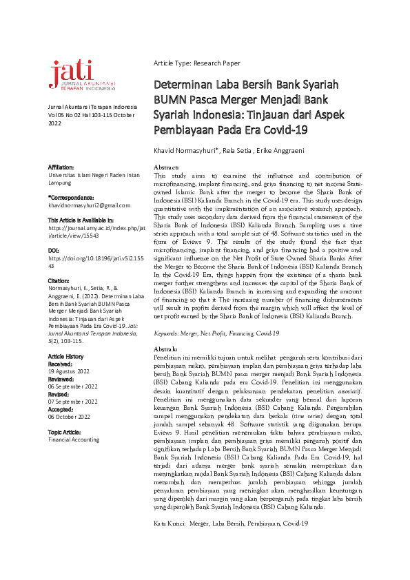 (PDF) Determinan Laba Bersih Bank Syariah BUMN Pasca Merger Menjadi Bank Syariah Indonesia ...
