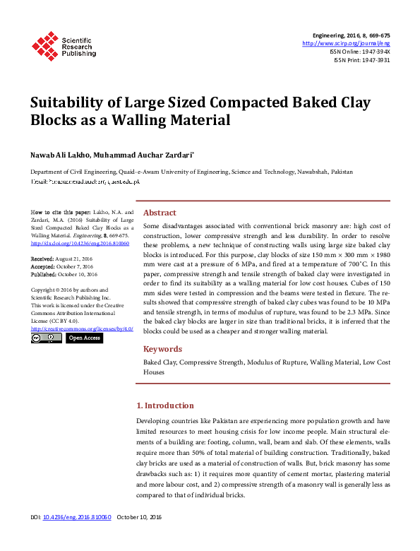 (PDF) Suitability of Large Sized Compacted Baked Clay Blocks as a ...