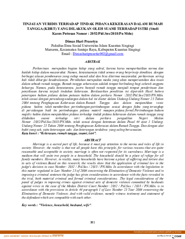 (PDF) TINJAUAN YURIDIS TERHADAP TINDAK PIDANA KEKERASAN DALAM RUMAH TANGGA (KDRT) YANG DILAKUKAN ...