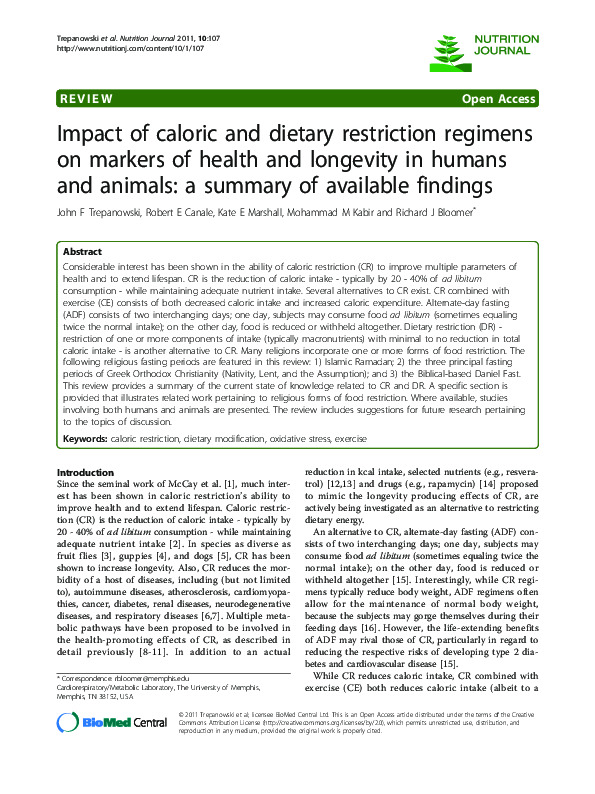 Impact of caloric and dietary restriction regimens on markers of health ...