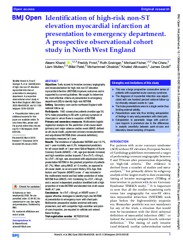 (PDF) Identification of high-risk non-ST elevation myocardial infarction at presentation to ...