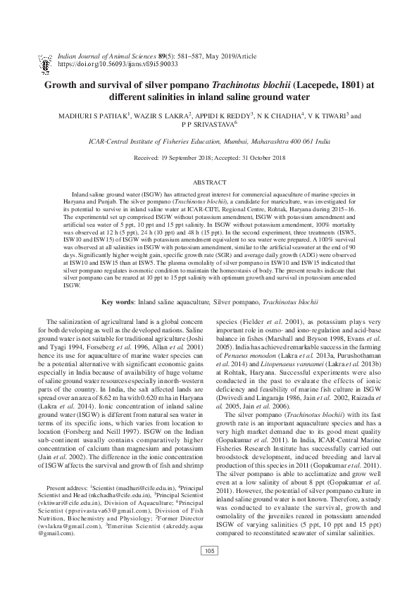 (PDF) Growth and survival of silver pompano Trachinotus blochii ...