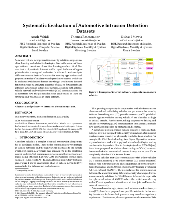 Pdf Systematic Evaluation Of Automotive Intrusion Detection Datasets