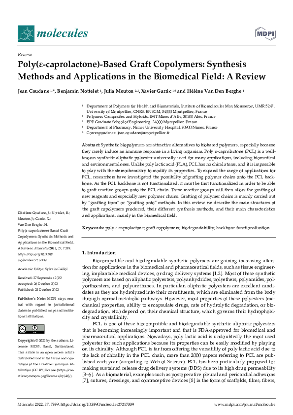 (PDF) Poly(ε-caprolactone)-Based Graft Copolymers: Synthesis Methods and Applications in the ...