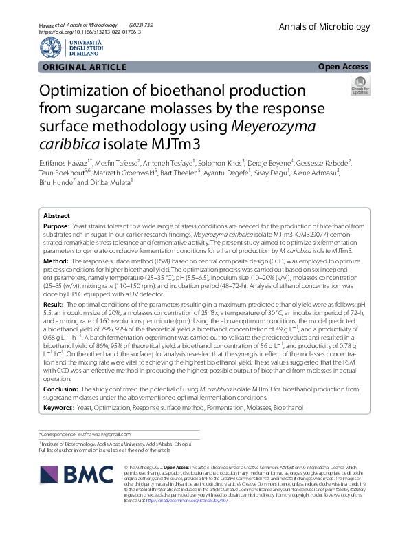 (PDF) Optimization of bioethanol production from sugarcane molasses by the response surface ...