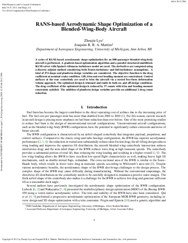 Pdf Rans Based Aerodynamic Shape Optimization Of A Blended Wing Body Aircraft