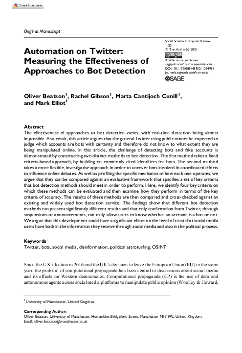 (PDF) Automation on Twitter: Measuring the Effectiveness of Approaches to Bot Detection