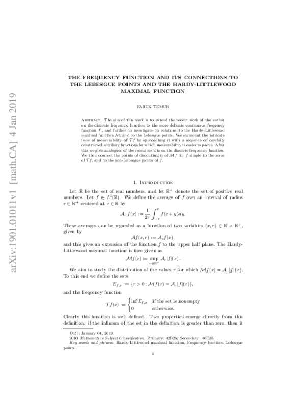 (PDF) The frequency function and its connections to the Lebesgue points and the Hardy–Littlewood ...