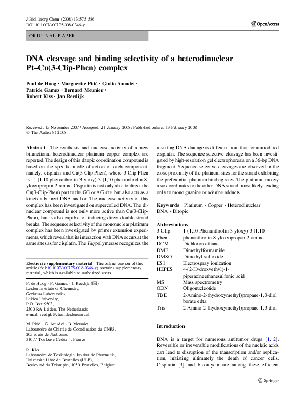 (PDF) DNA cleavage and binding selectivity of a heterodinuclear Pt–Cu(3 ...