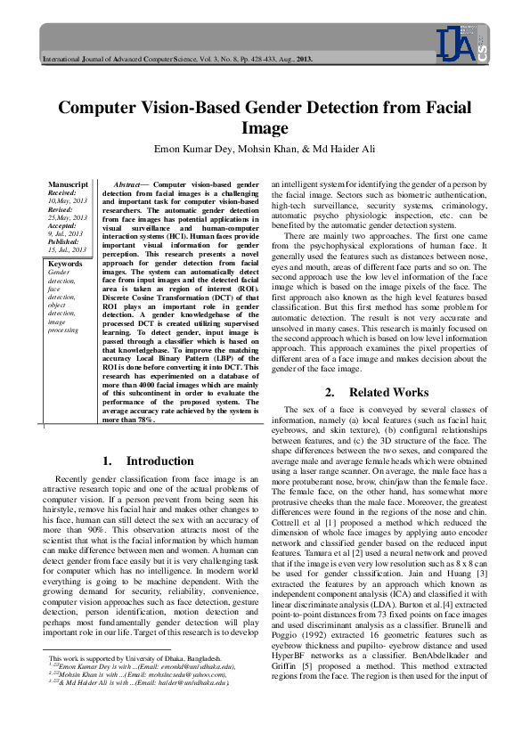(PDF) Computer Vision-Based Gender Detection from Facial Image