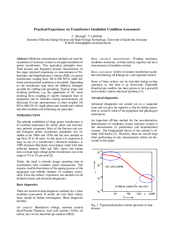 Pdf Practical Experience On Transformer Insulation Condition Assessment