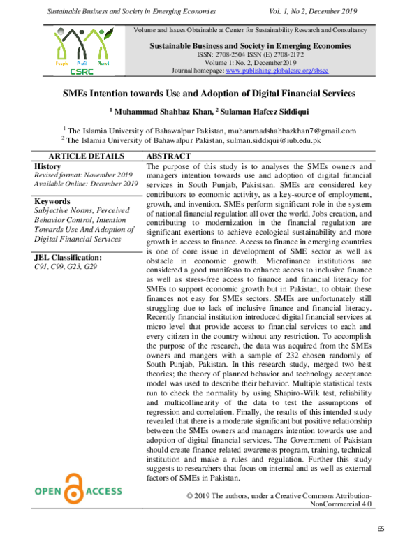 (PDF) SMEs Intention towards Use and Adoption of Digital Financial Services