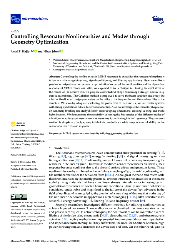 Pdf Controlling Resonator Nonlinearities And Modes Through Geometry Optimization