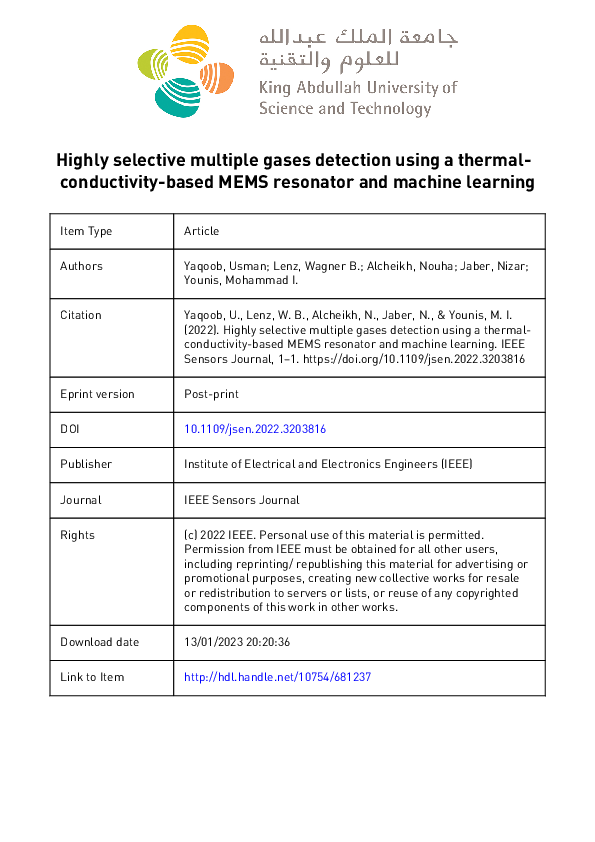 Highly Selective Multiple Gases Detection Using A Thermal Conductivity Based Mems Resonator And