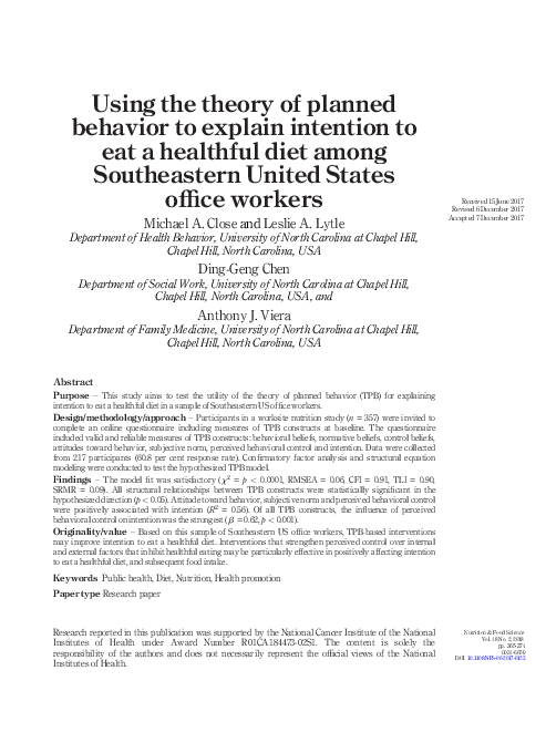 (PDF) Using the theory of planned behavior to explain intention to eat ...