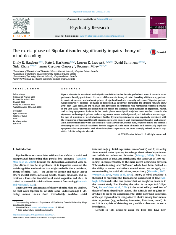 (PDF) The manic phase of Bipolar disorder significantly impairs theory ...