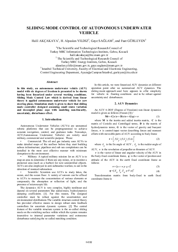 Pdf Sliding Mode Control Of An Autonomous Underwater Vehicle