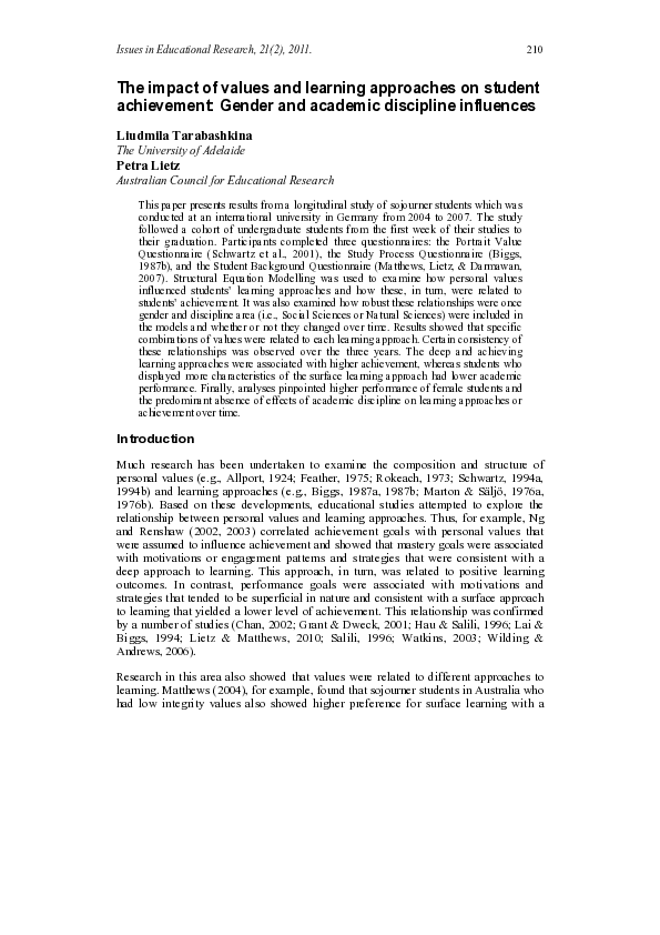 (PDF) The impact of values and learning approaches on student ...